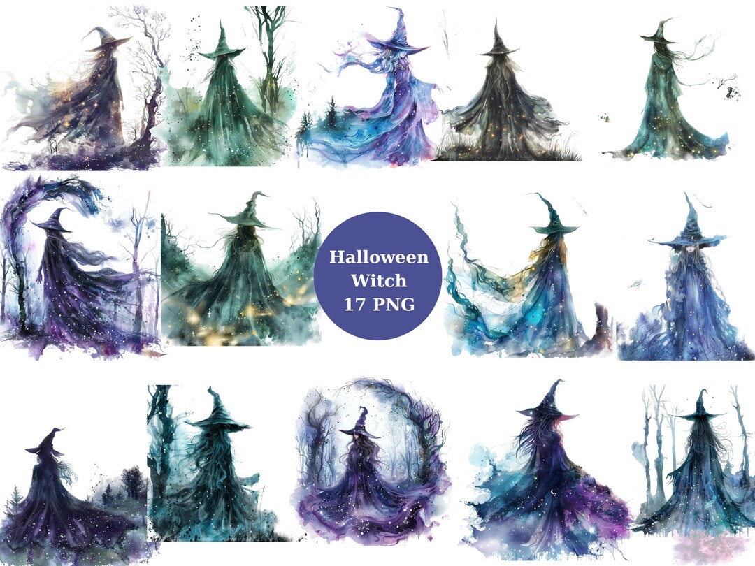Halloween Witch Watercolor Clipart, PNG Digital Files on Transparent ...