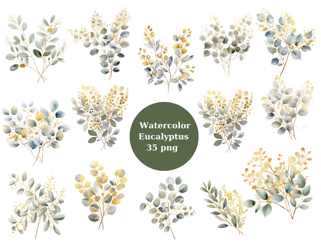 Watercolor and Gold Eucalyptus, Instant Download for Commercial Use ...