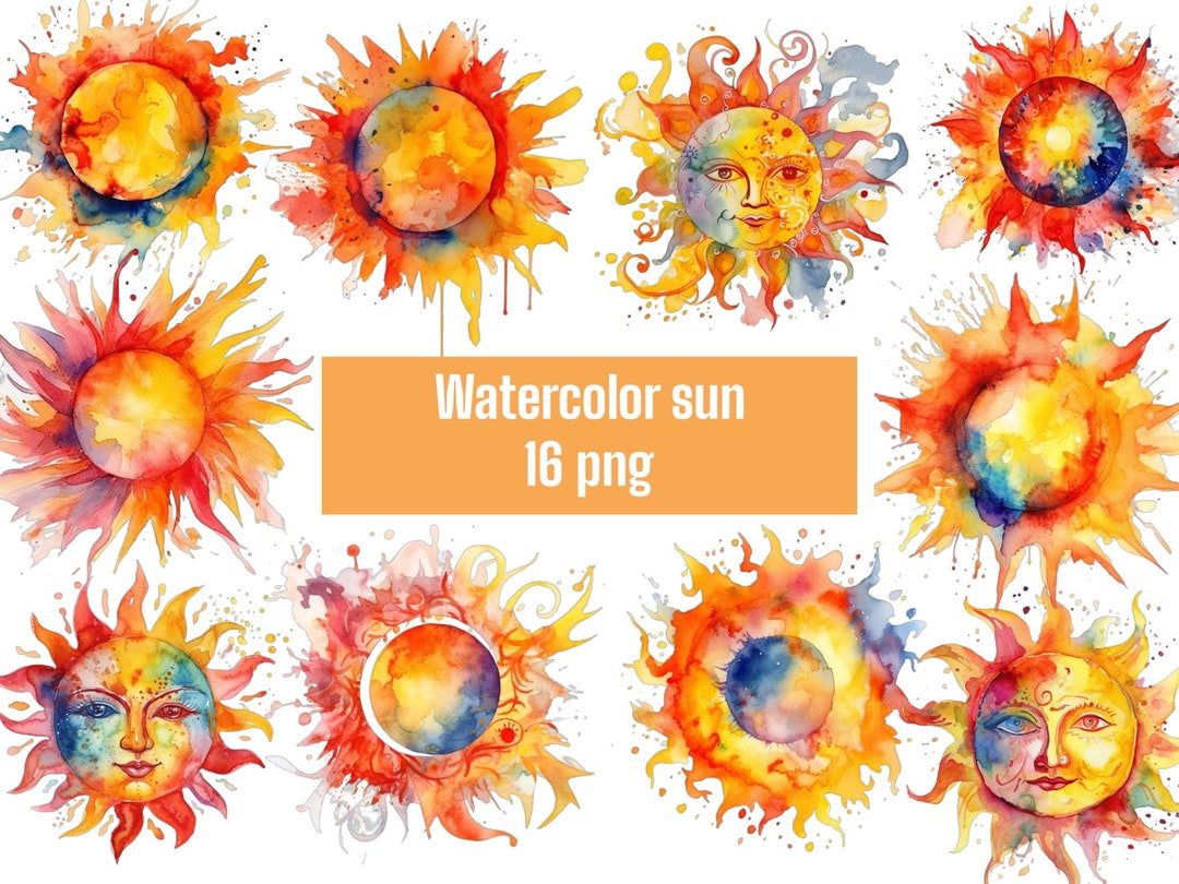 Sun Bundle, Watercolour, 16 PNG Images, Transparent Background, High ...