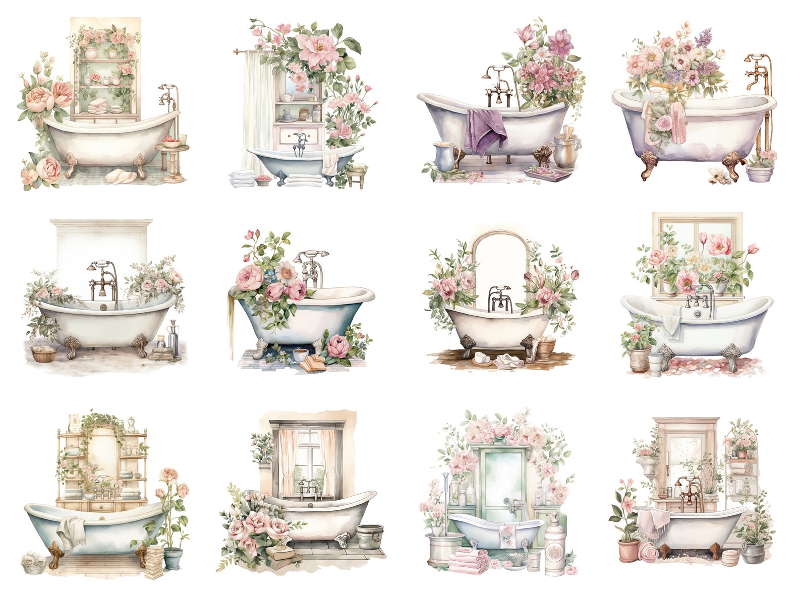 Watercolor Floral Bathroom Clipart, PNG Digital Files on a Transparent ...