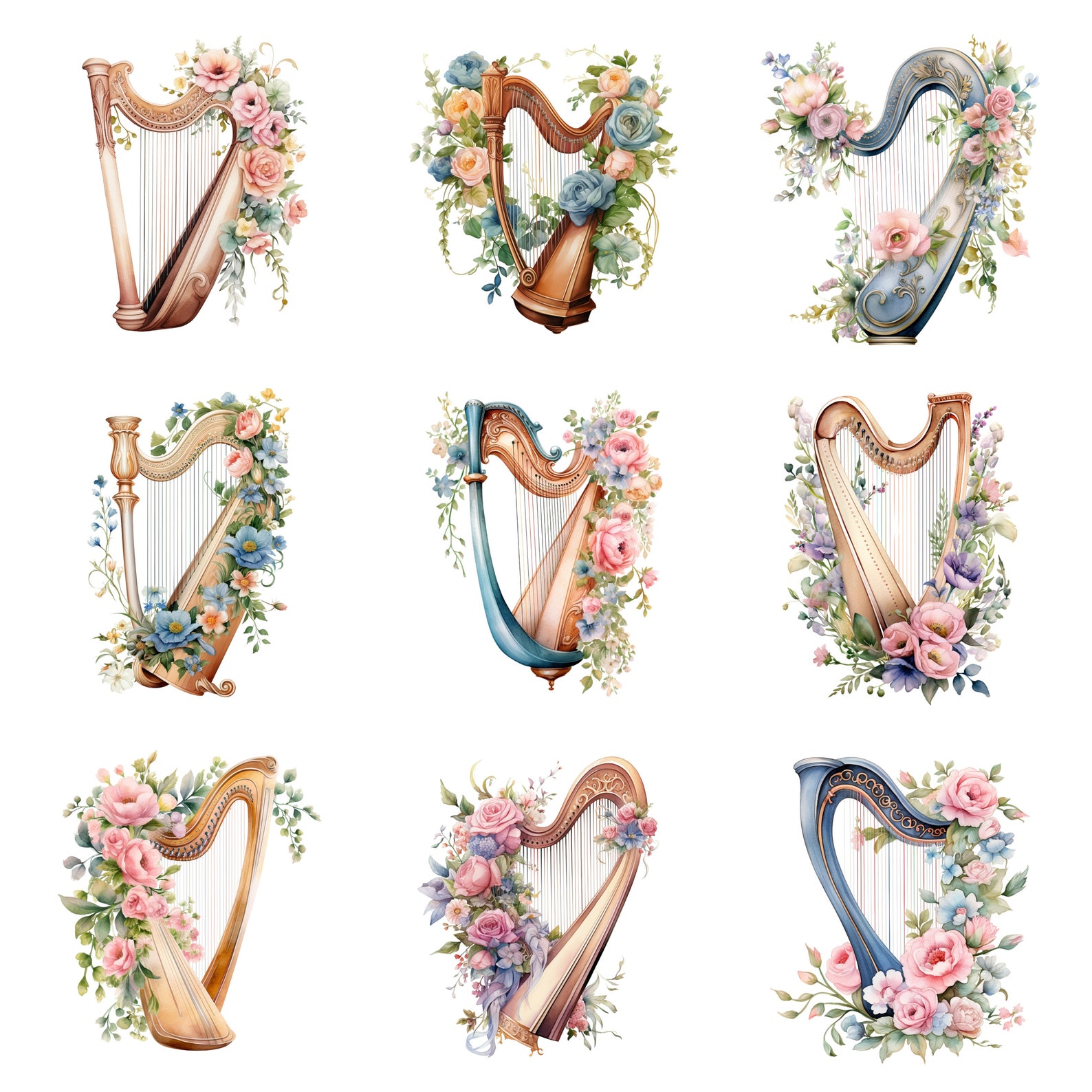 Watercolor Floral Harps Clipart, PNG Digital Files on Transparent ...