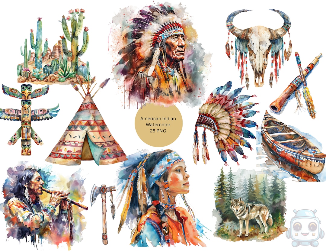 Watercolor American Indian Clipart, Native American PNG Individual ...