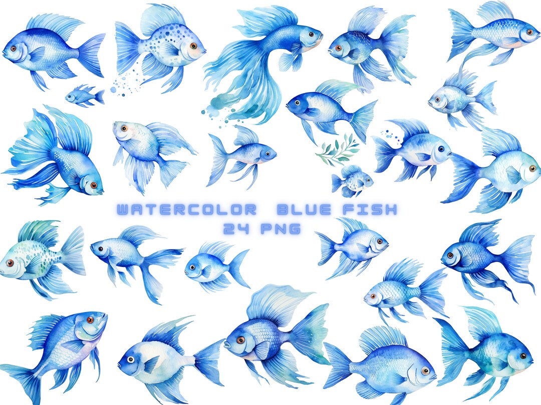 Watercolor Blue Fish Clipart, PNG Digital Files on Transparent ...
