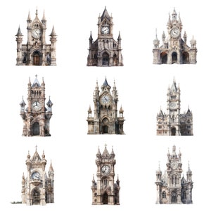 26 Gothic Clock Towers Watercolor Clipart, Gothic Clipart, PNG ...