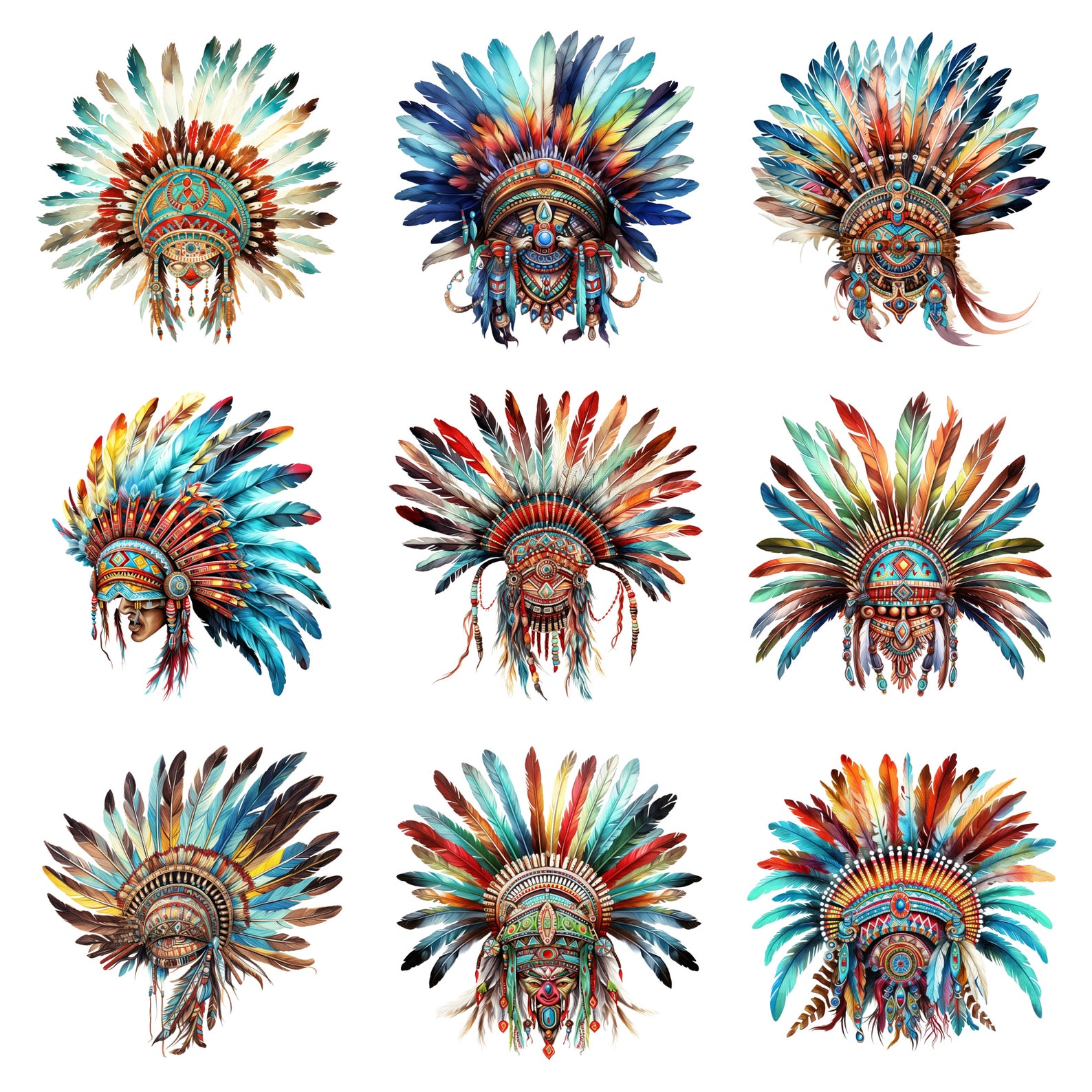 30 Aztec Headdress Watercolor Clipart, Aztec Clipart, PNG Individual ...
