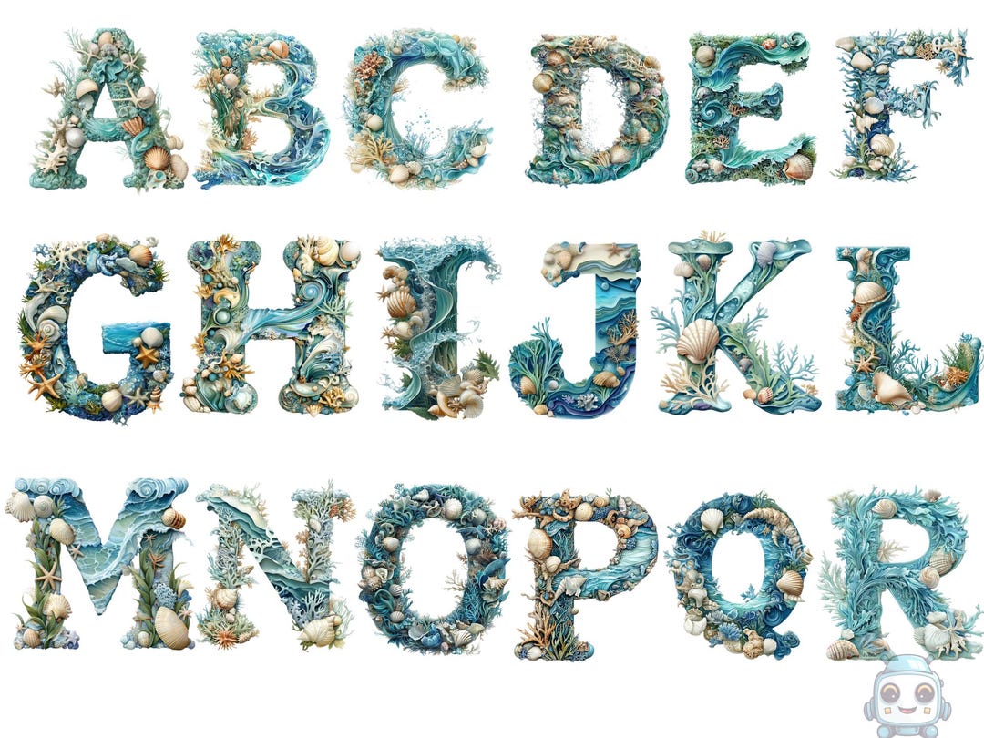Ocean-themed Alphabet Clipart Set - Seashells & Coral Letters - Marine ...
