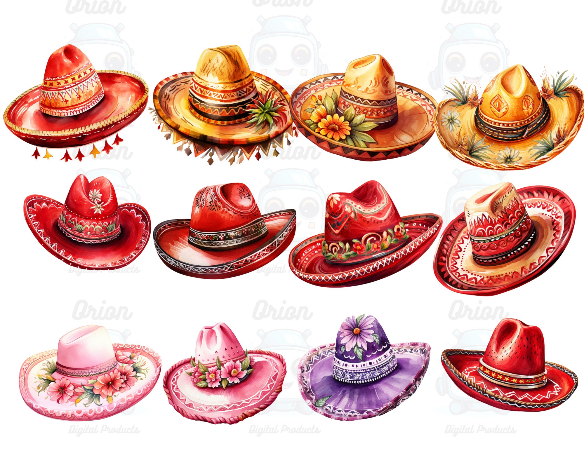 Watercolor Sombreros Clipart Mexican Clipart PNG Digital - Etsy