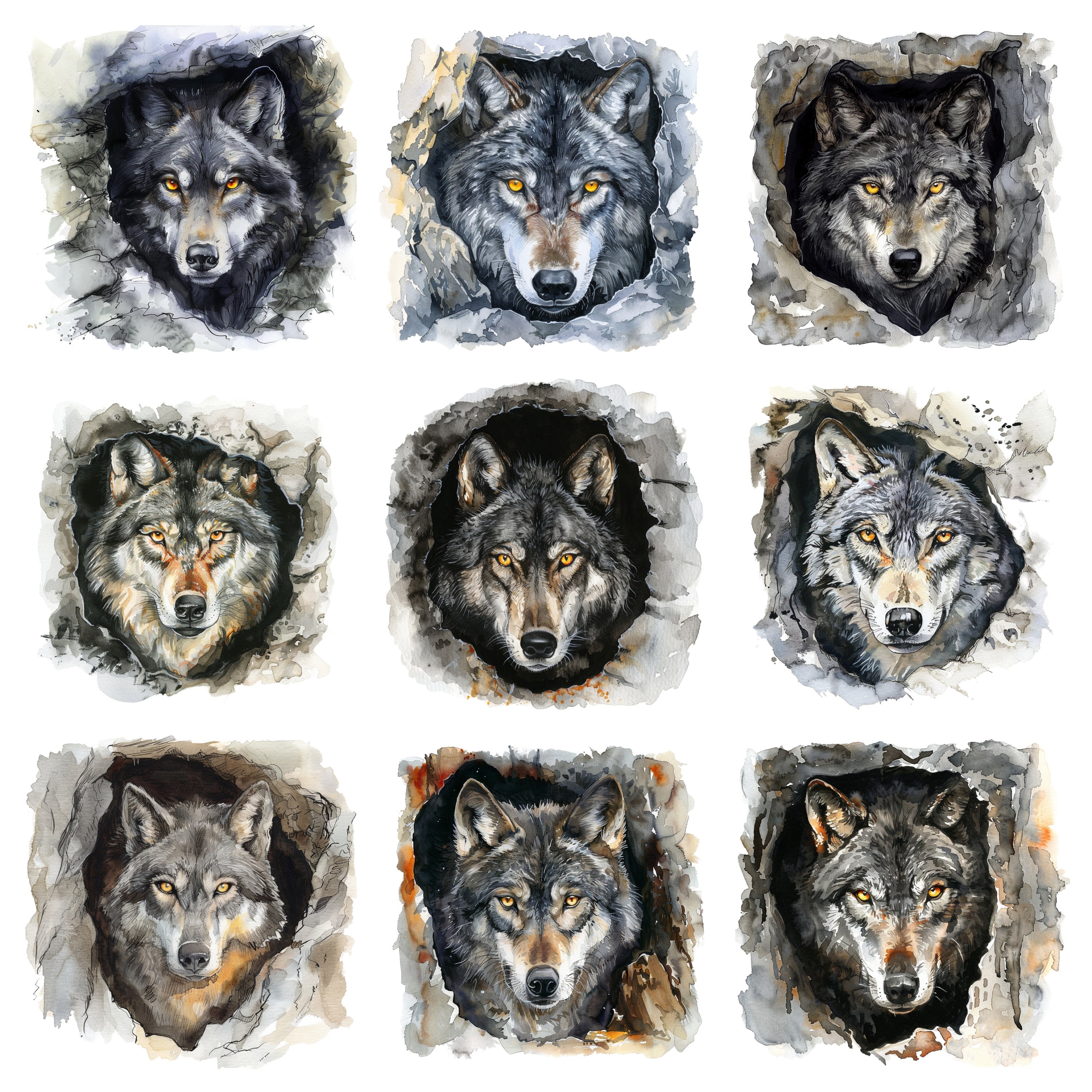 27 Wolves in Caves Clipart, Watercolor Clipart, PNG Individual Images ...