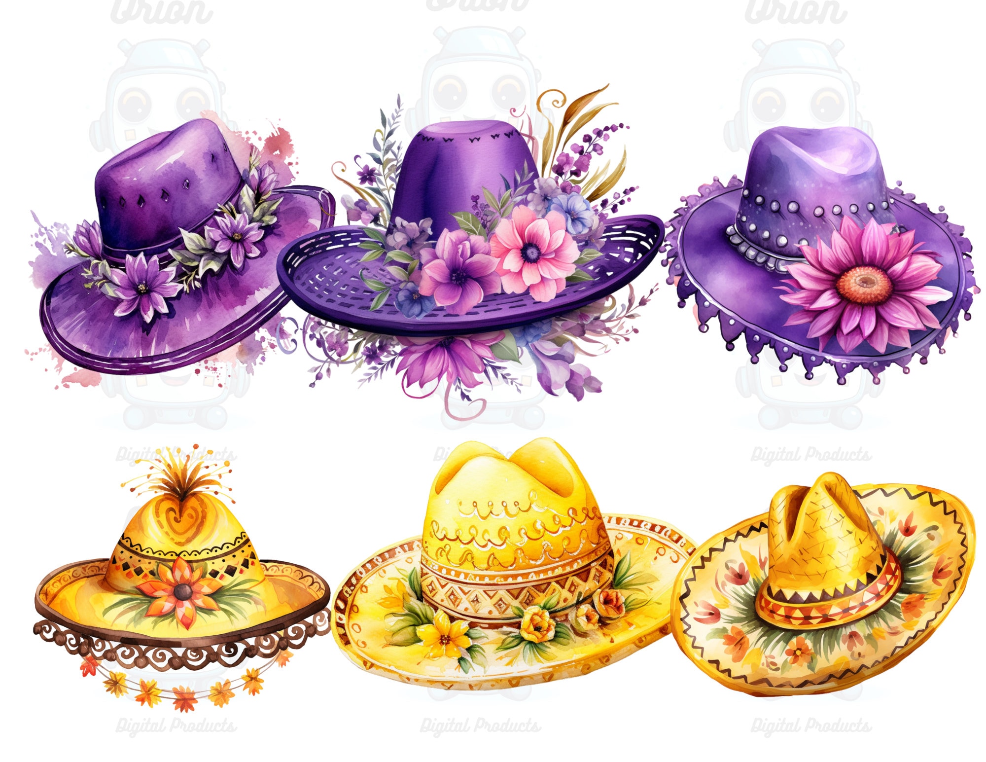 Watercolor Sombreros Clipart Mexican Clipart PNG Digital - Etsy