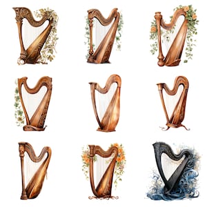 Watercolor Harps Clipart, PNG Digital Files on Transparent Background ...
