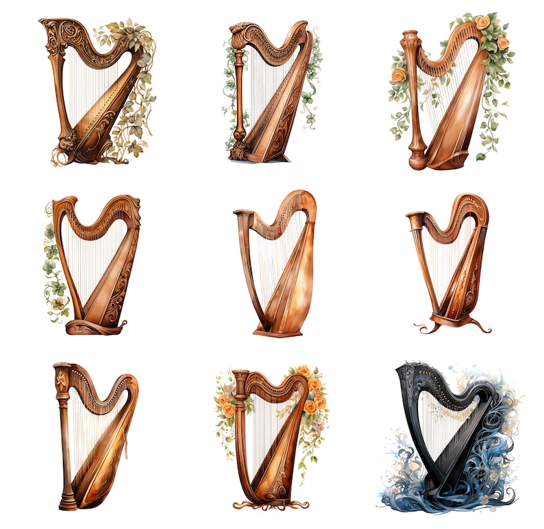Watercolor Harps Clipart, PNG Digital Files on Transparent Background ...