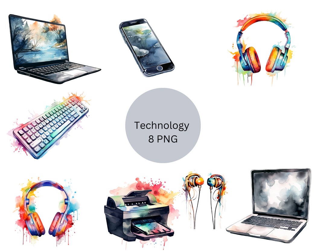Watercolor Technology Clipart, PNG Digital Files on a Transparent ...
