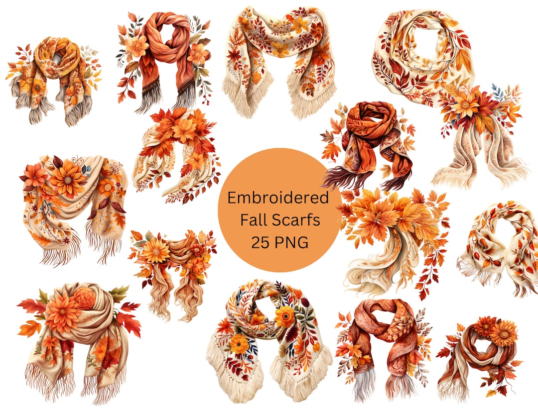 Embroidered Fall Scarfs Clipart, PNG Digital Files on a Transparent ...