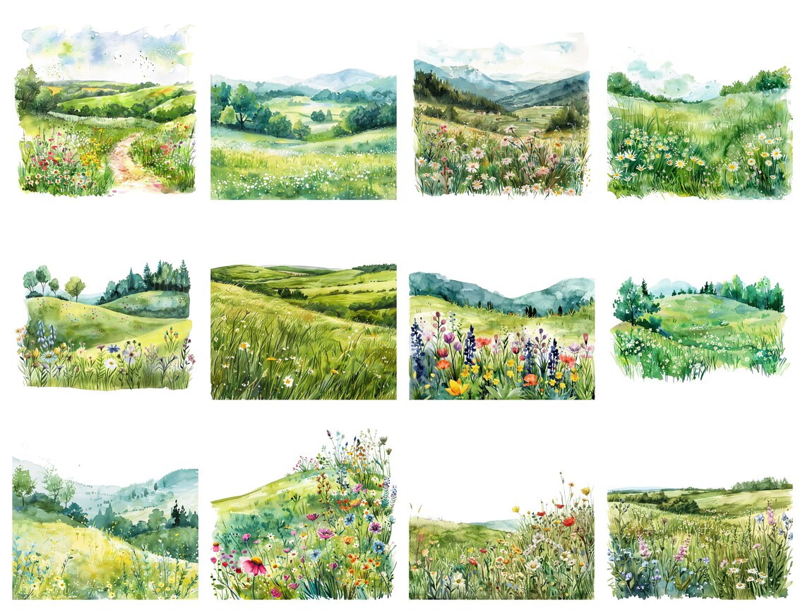 Watercolor Spring Meadows Clipart, PNG Digital Files on a Transparent ...