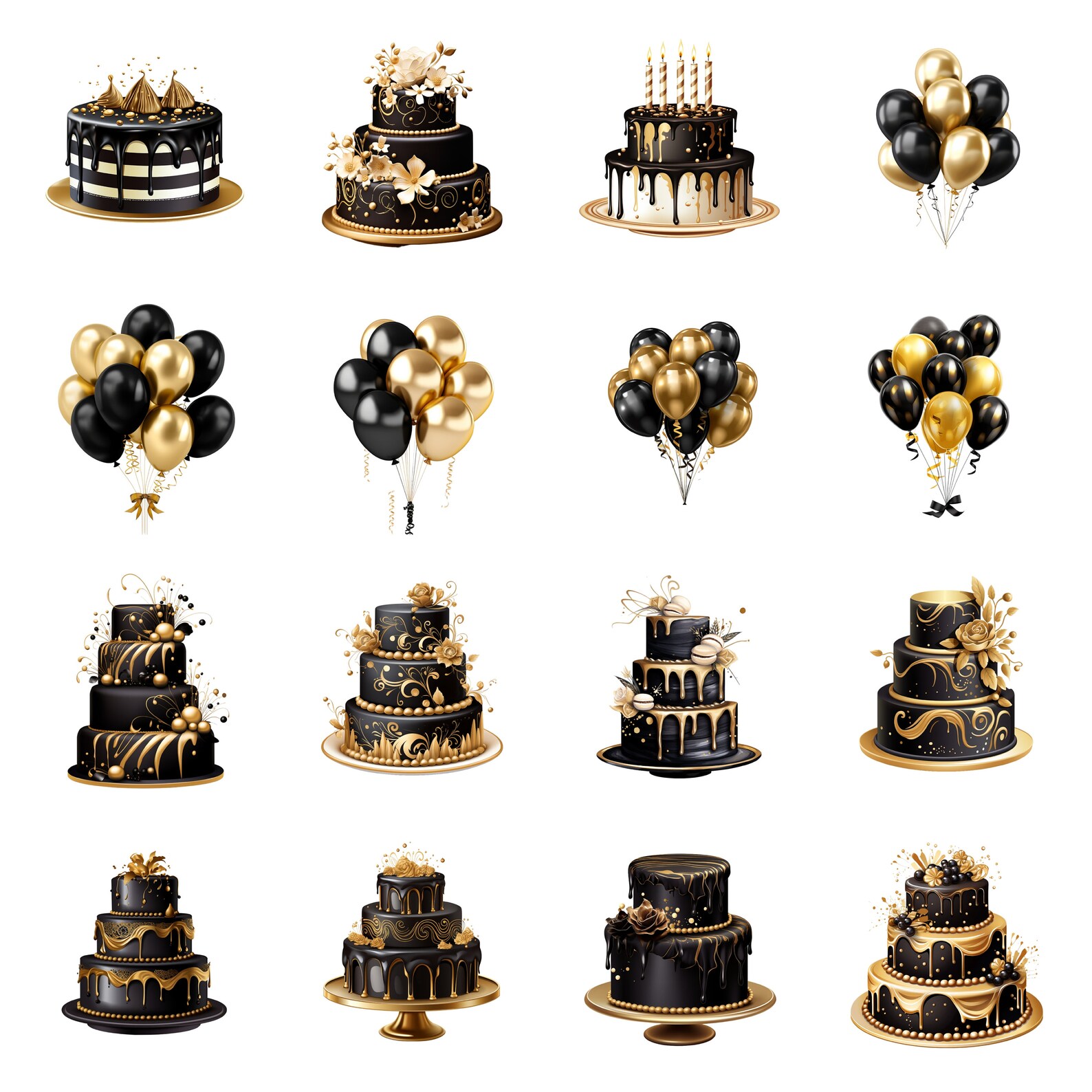 Black and Gold Cakes Clipart, Digital Files on Transparent Background ...