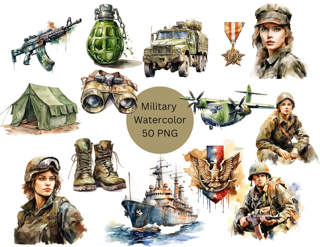 Watercolor Military Clipart, Army PNG Digital Files on Transparent ...