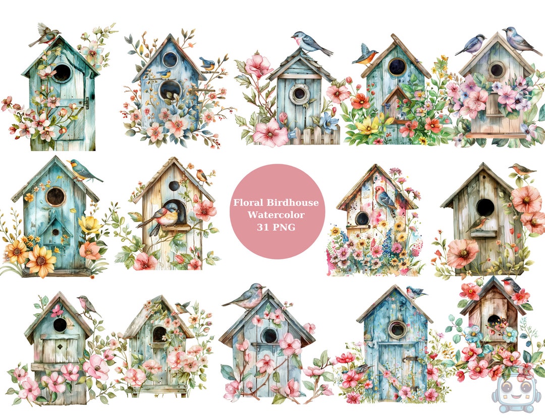 31 Watercolor Floral Birdhouse Clipart, PNG Individual Images on ...