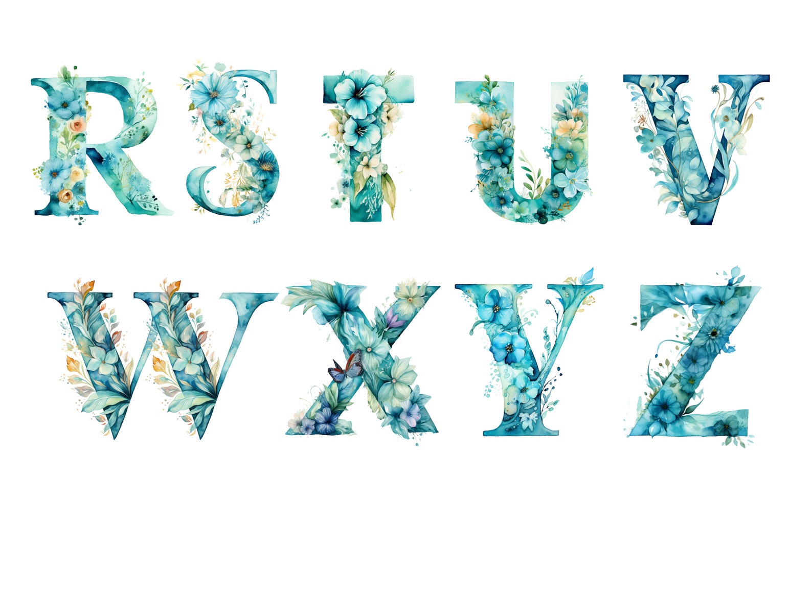 Watercolor Floral TURQUOISE Alphabet Clipart , Floral Alphabet ...