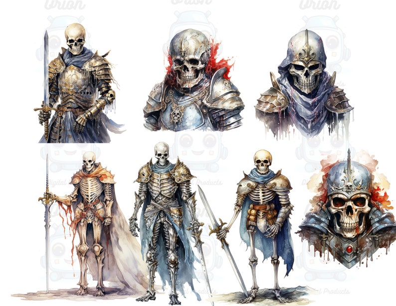 Watercolor Skeleton Knights Clipart Halloween Clipart Skull - Etsy