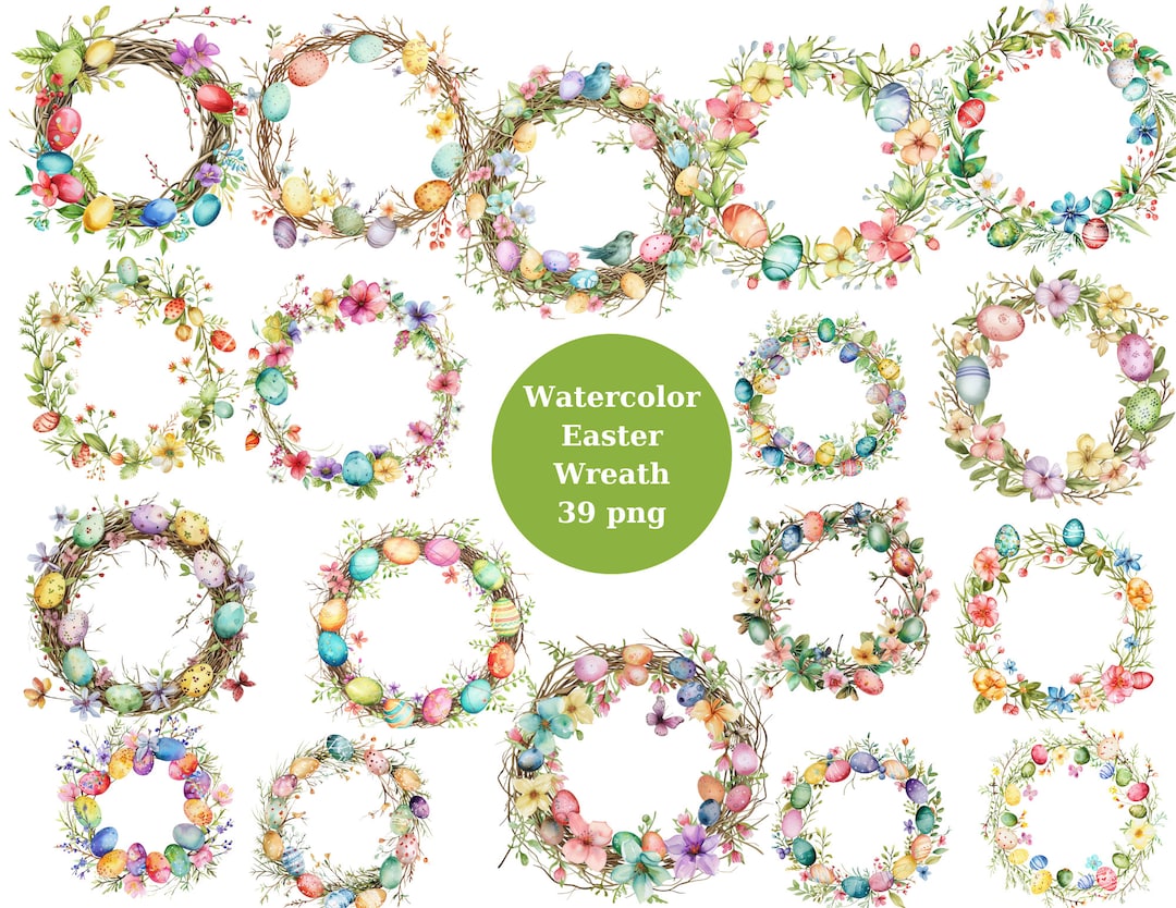 Watercolor Easter Wreaths Clipart, PNG Digital Files on a Transparent ...