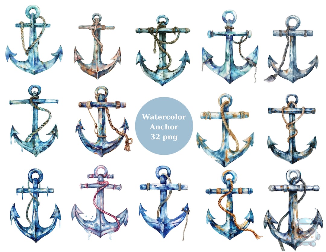 Watercolor Anchor Clipart, PNG Digital Files on Transparent Background ...