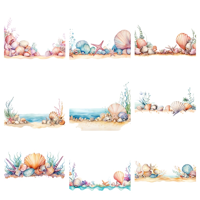 Watercolor Seashell Borders Clipart PNG Digital Files on - Etsy