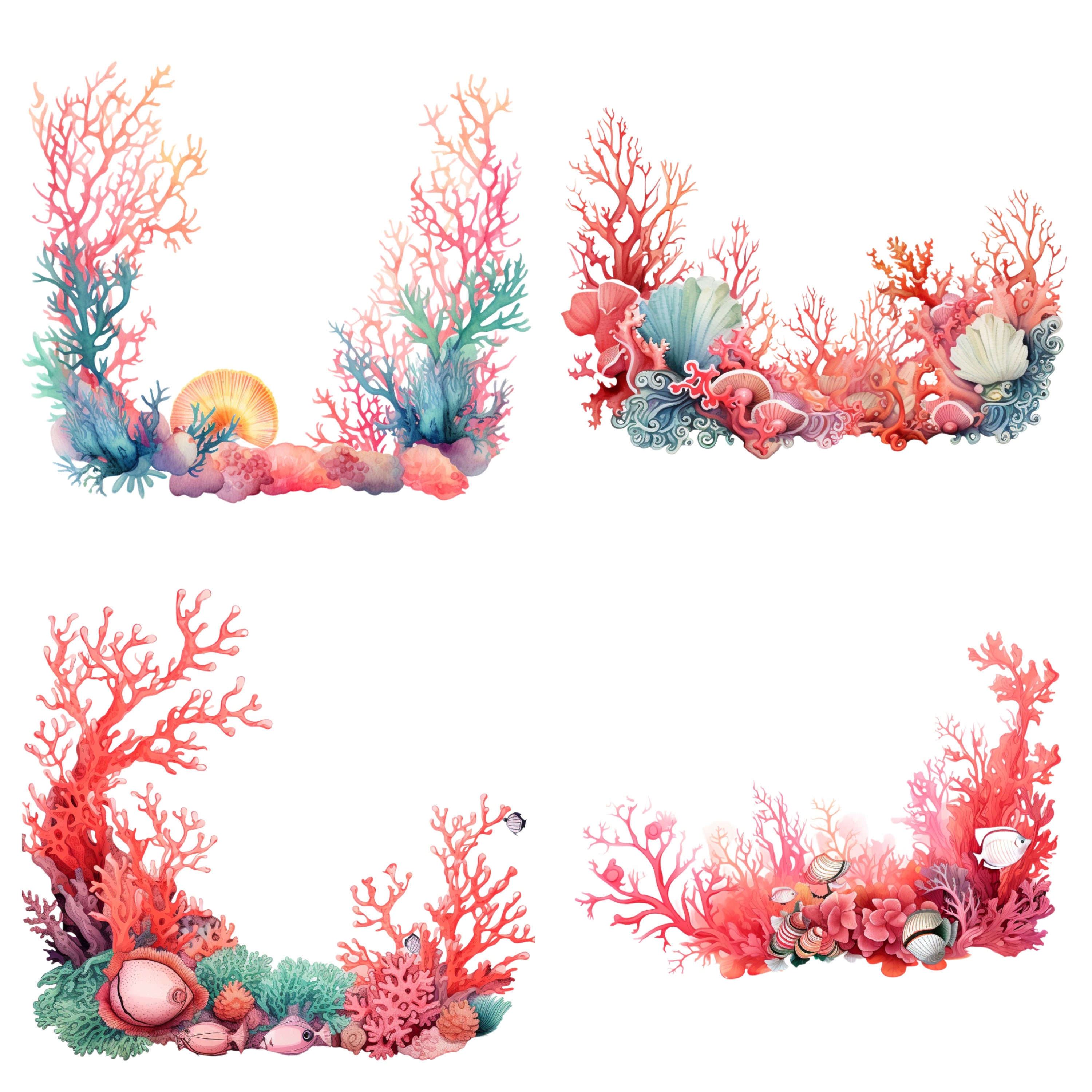 Watercolor Coral Borders Clipart, PNG Digital Files on Transparent ...