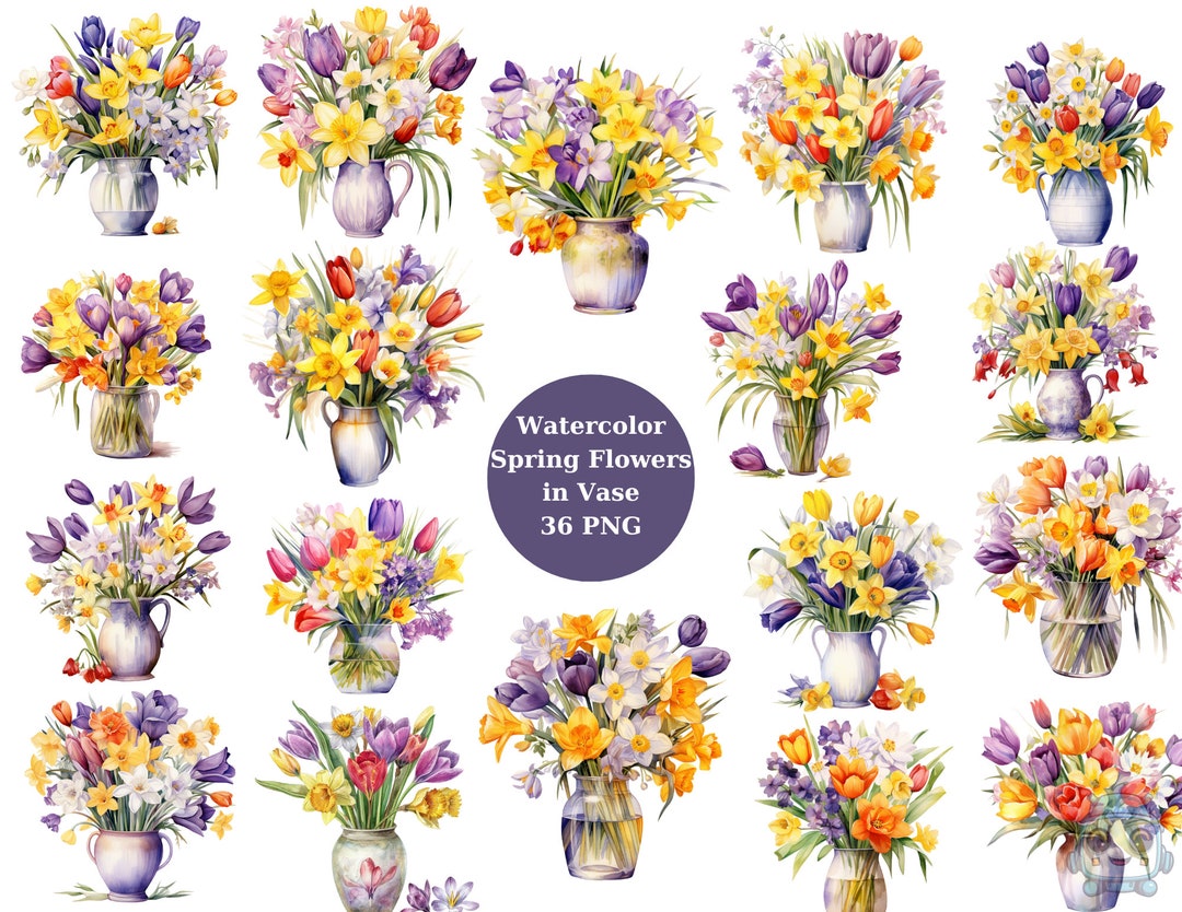 Watercolor 36 Spring Flowers in Vase Clipart, PNG Individual Images on ...