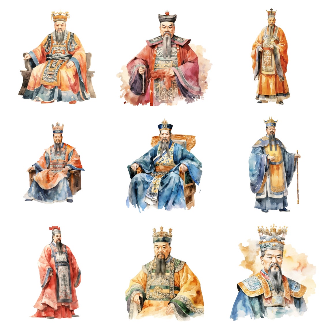 28 Chinese Emperors Watercolor Clipart, China Clipart, PNG Individual ...