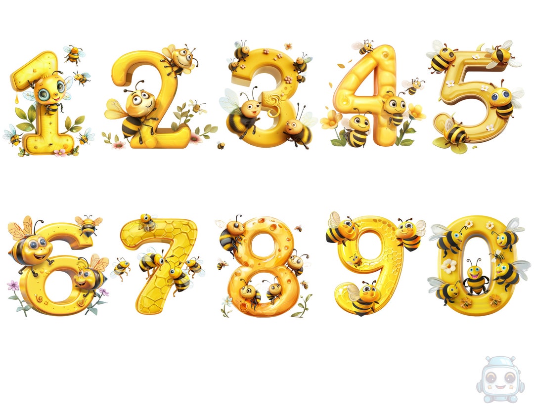 Watercolor Cute Bee Numbers Clipart, PNG Individual Images on ...