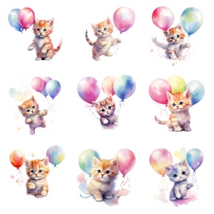 Cute Kittens With Balloon Watercolor Clipart, Baby Animals, PNG Digital ...