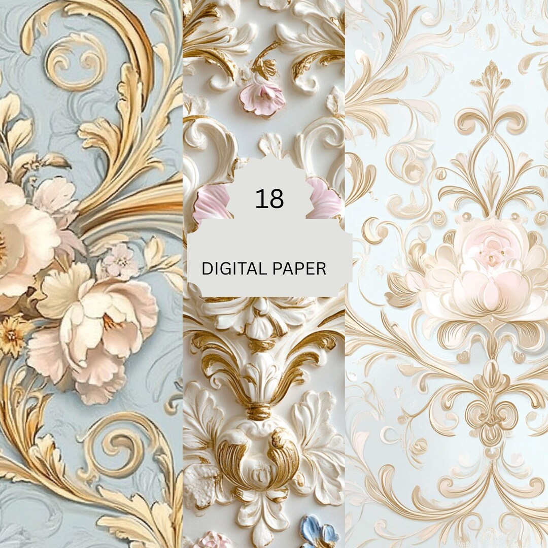 Baroque Floral Digital Paper Pack - Ornate Gold Embellishments and ...