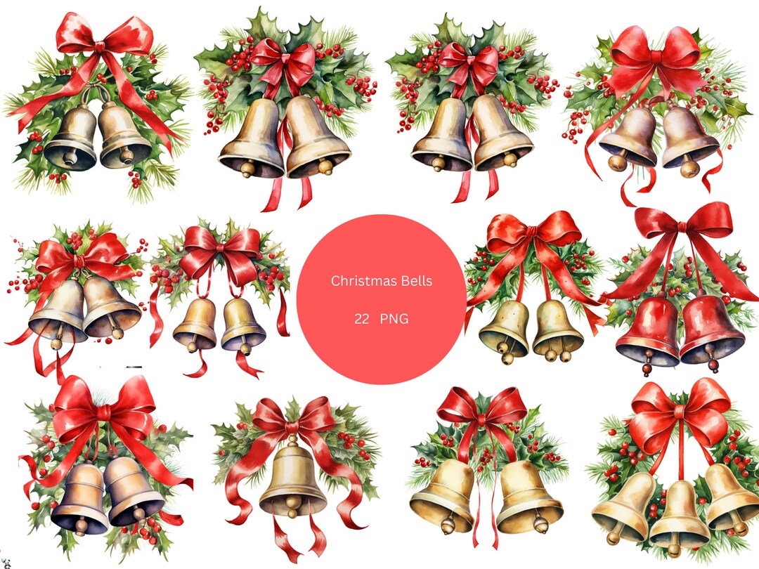 22 Christmas Bells Watercolor Clipart, Christmas Clipart, PNG ...