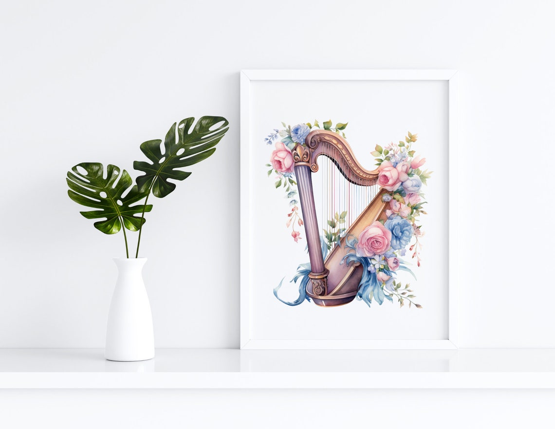 Watercolor Floral Harps Clipart, PNG Digital Files on Transparent ...