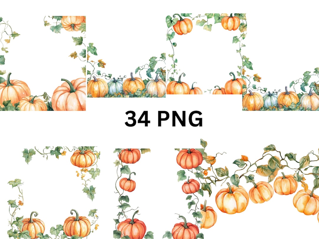 Watercolor Pumpkin Borders Clipart Set | 34 PNG Fall Pumpkins Digital ...