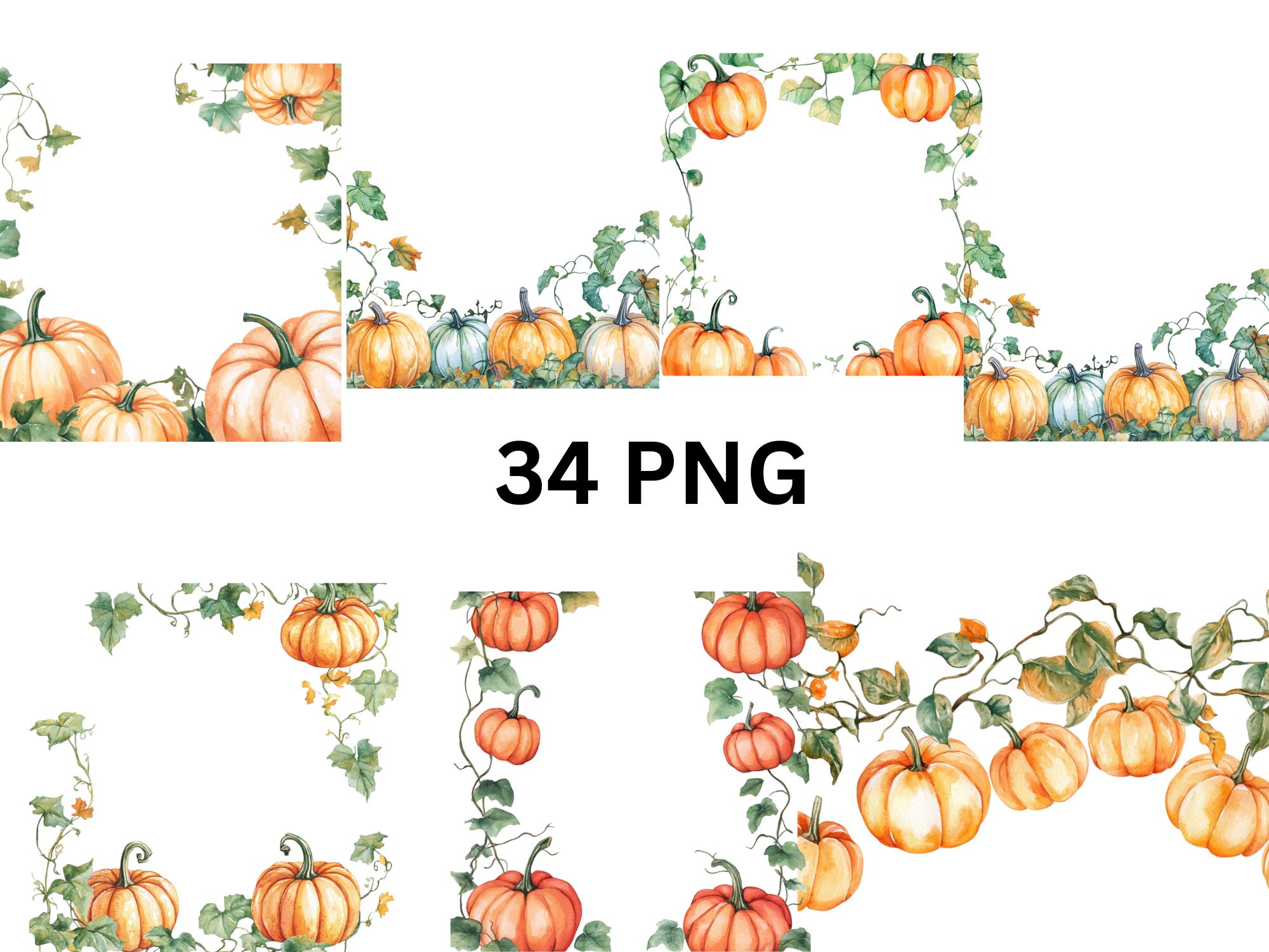 Watercolor Pumpkin Borders Clipart Set | 34 PNG Fall Pumpkins Digital ...