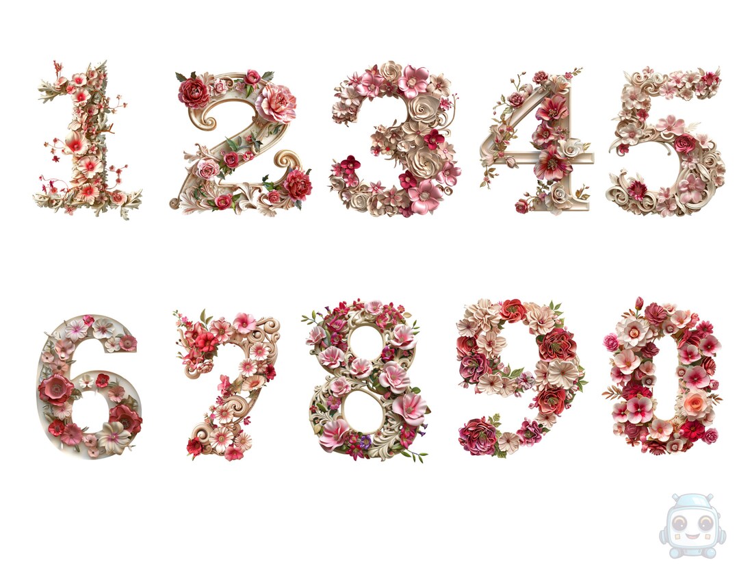 Watercolor Pink and Red Flowers Numbers Clipart, Floral PNG Individual ...