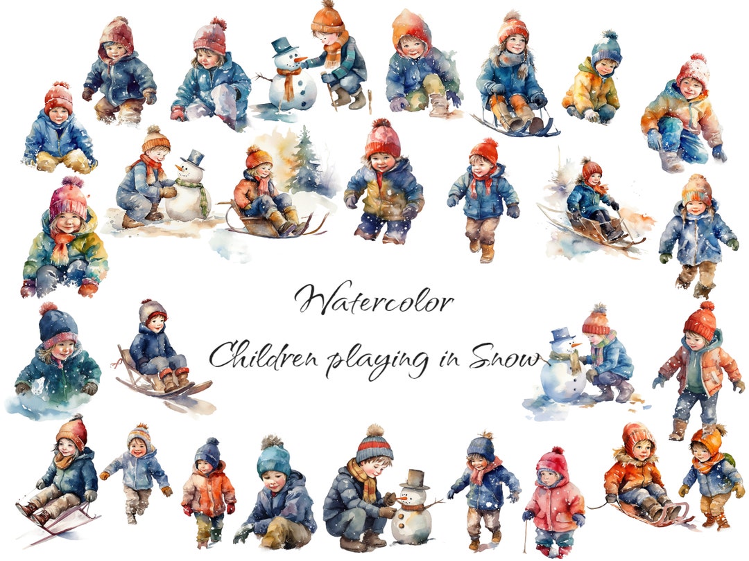 Watercolor Children Playing in Snow, PNG Digital Files on a Transparent ...