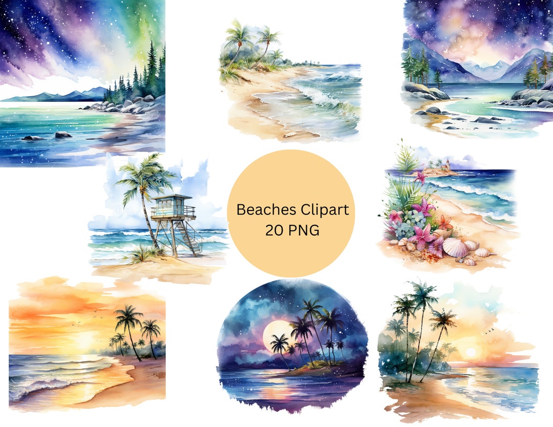 Watercolor Beaches Clipart, PNG Digital Files on Transparent Background ...