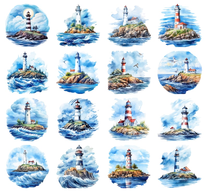 Watercolor 33 Coastal Lighthouses Clipart, Transparent Background, High ...
