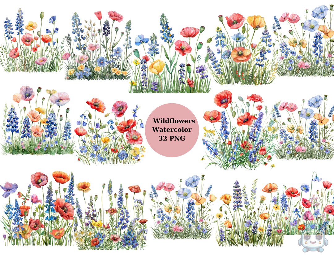 Watercolor Wildflowers Clipart, PNG Digital Files on Transparent ...