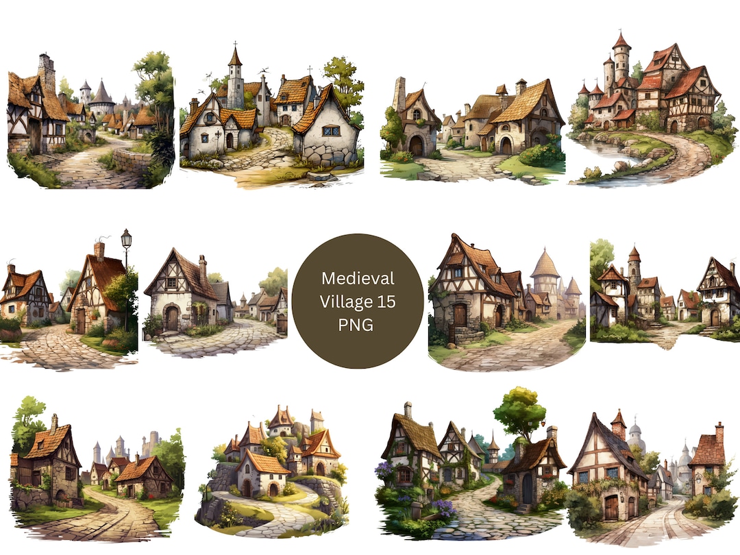 15 Medieval Villages Clipart, Medieval Clipart, PNG Individual Images ...