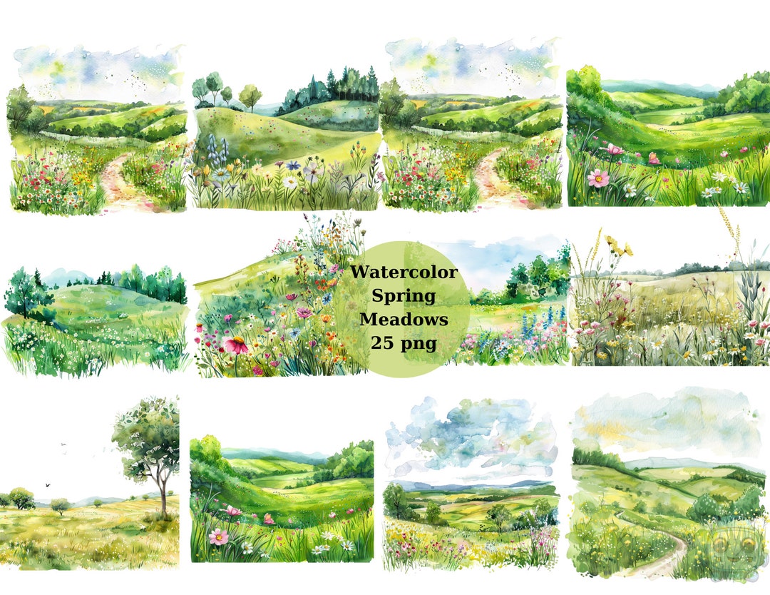 Watercolor Spring Meadows Clipart, PNG Digital Files on a Transparent ...