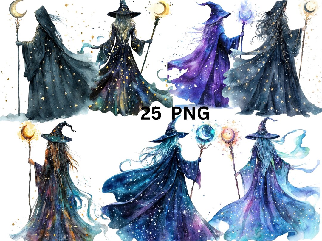 25 Celestial Witches Watercolor Clipart, PNG Digital Files on ...