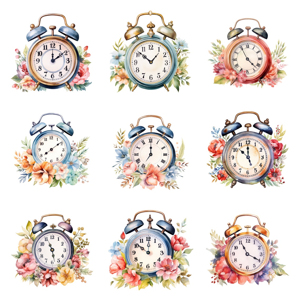 22 Floral Alarm Clocks Watercolor Clipart, Floral Clipart, PNG ...