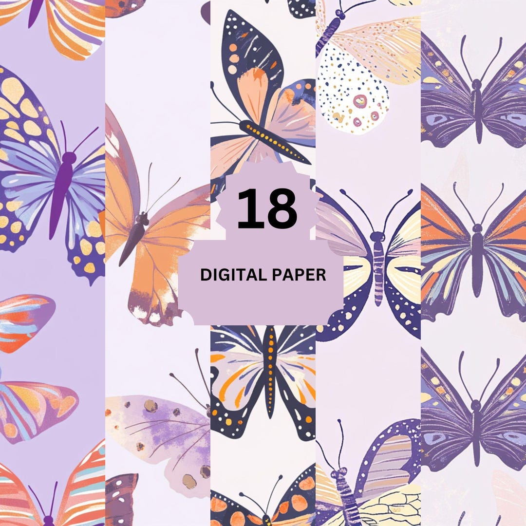 Purple Butterfly Digital Paper – 18 Bright Orange & Lilac Backgrounds ...