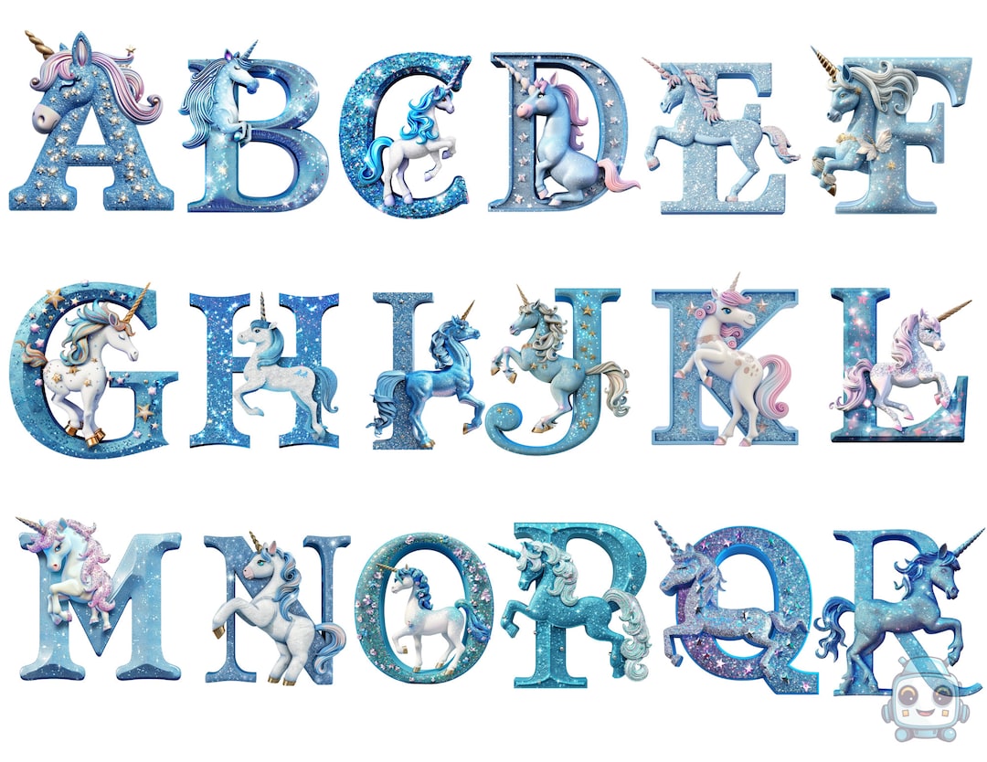 Blue Glitter Unicorn Alphabet Clipart, Unicorn Letters, Transparent ...