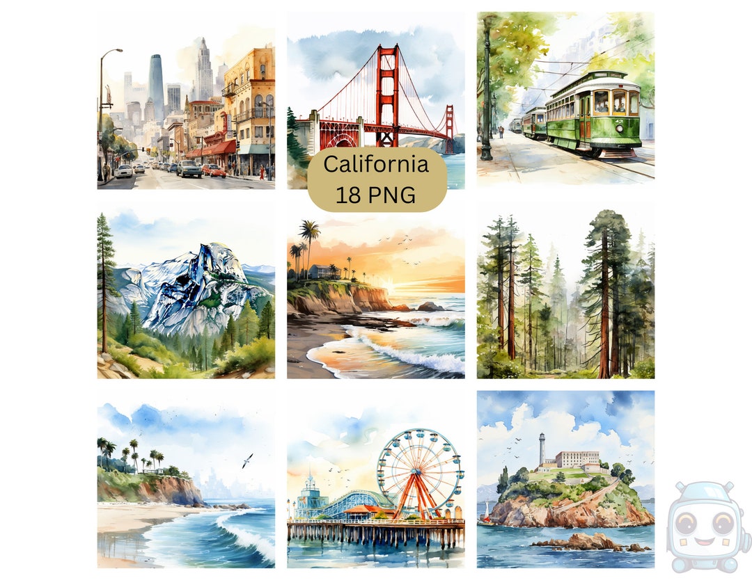 Watercolor California Clipart, PNG Individual Images on Transparent ...