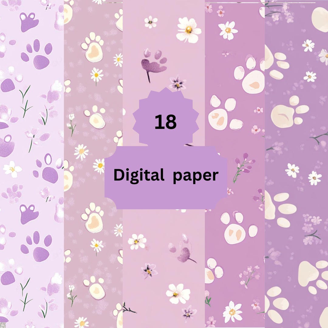 Purple Paw Print Digital Paper, Cute Floral Puppy Backgrounds for ...