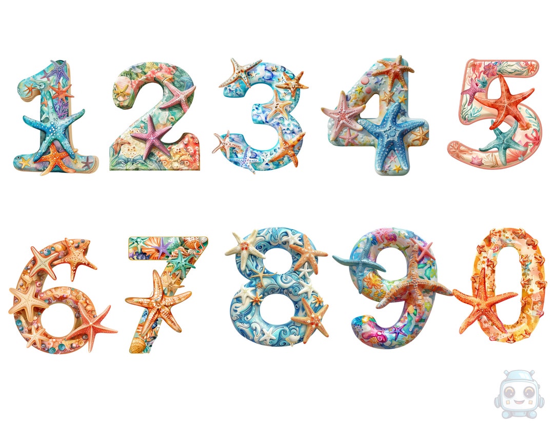 Watercolor Starfish Numbers Clipart, Transparent Background, High ...